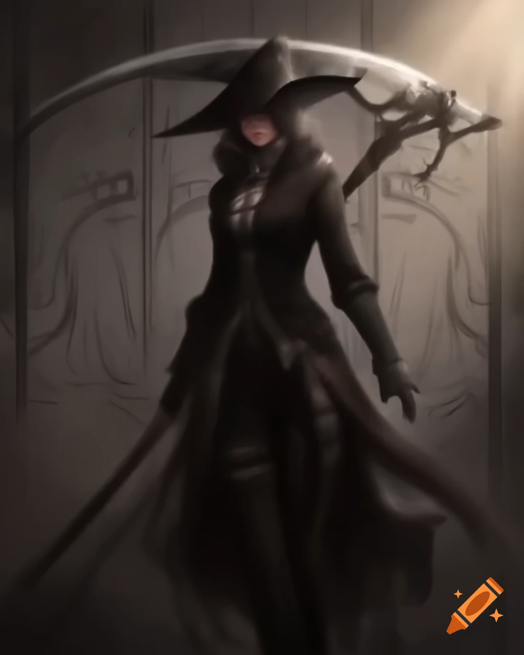 Mysterious hunter holding scythe in Art Nouveau setting, inspired by ...