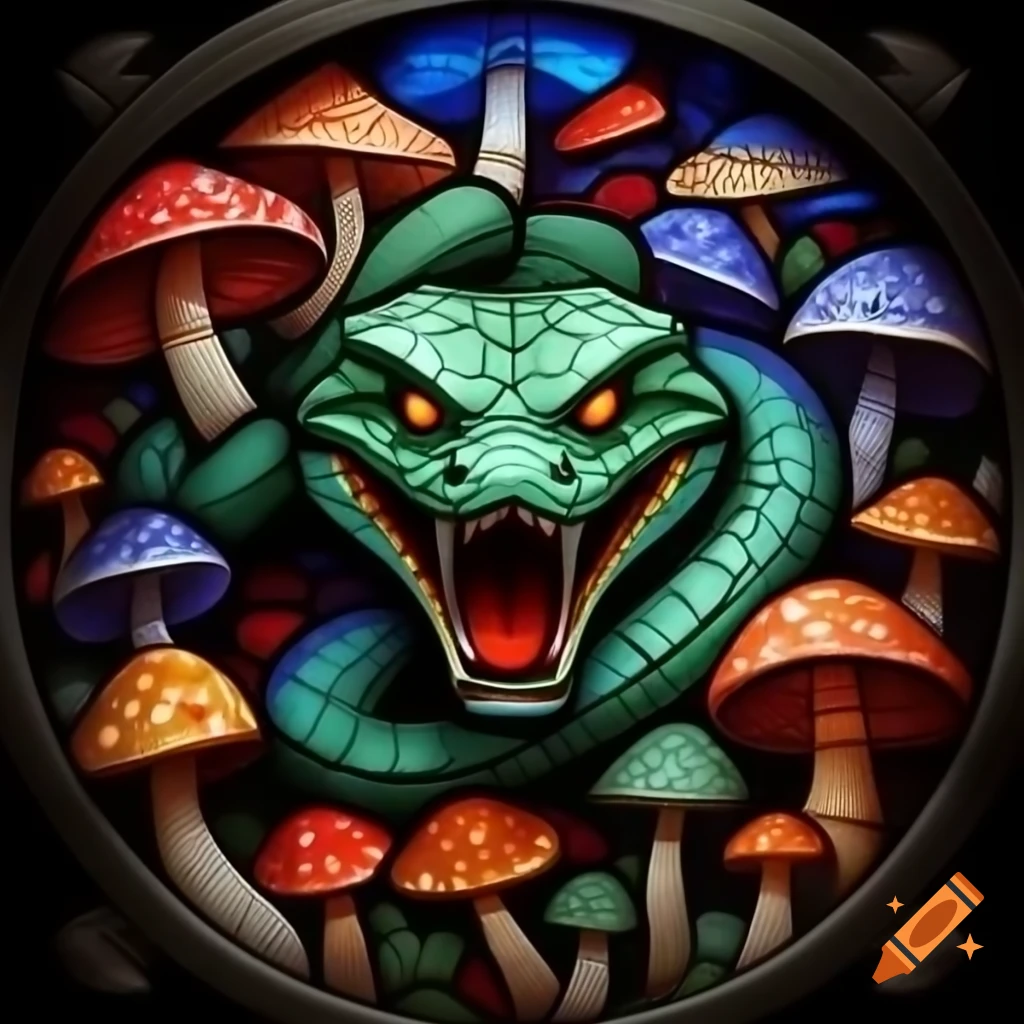 Stained glass window with cartoon viper and colorful mushrooms on Craiyon
