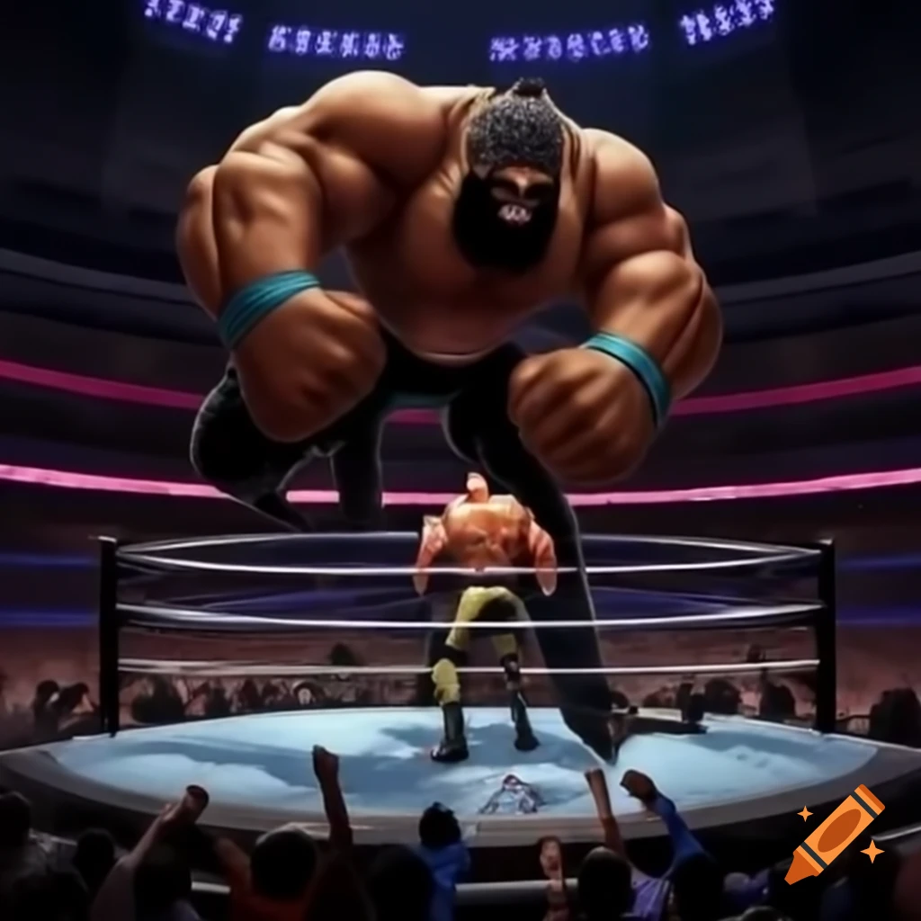 Furious giant holding tiny wrestler, showcasing immense strength on Craiyon