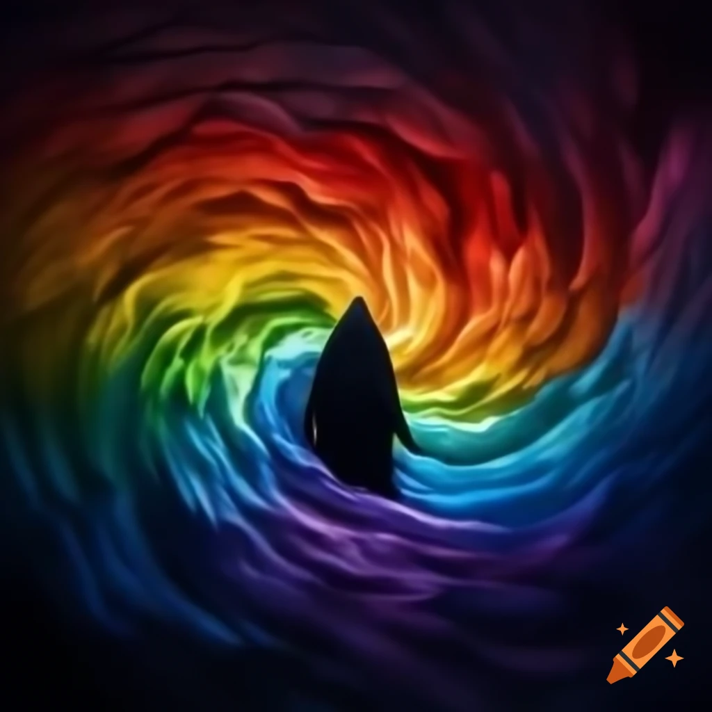 Shadowy figure emerging from swirling rainbow portal on Craiyon