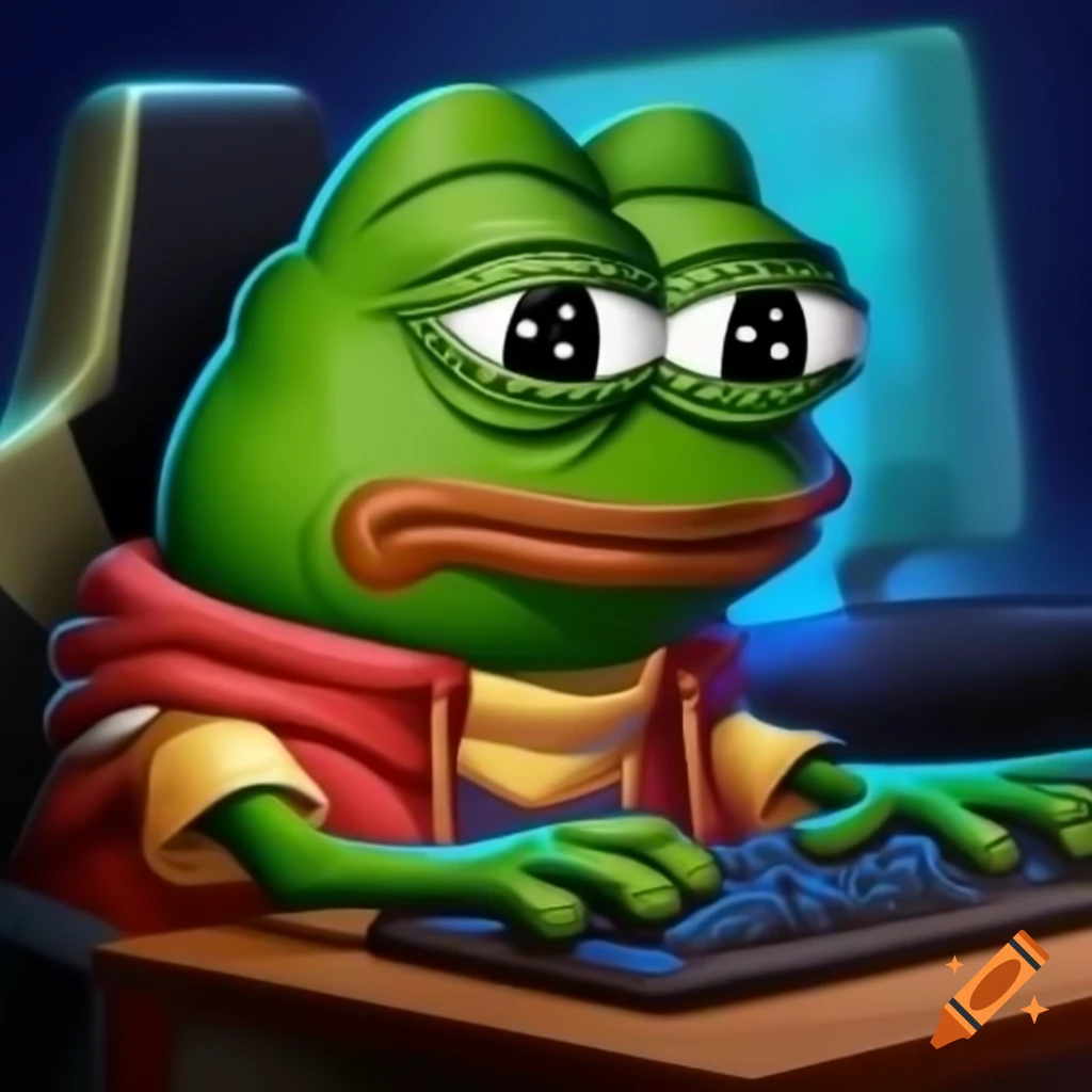 Caricature of pepe the frog as a gamer playing behind a computer on Craiyon