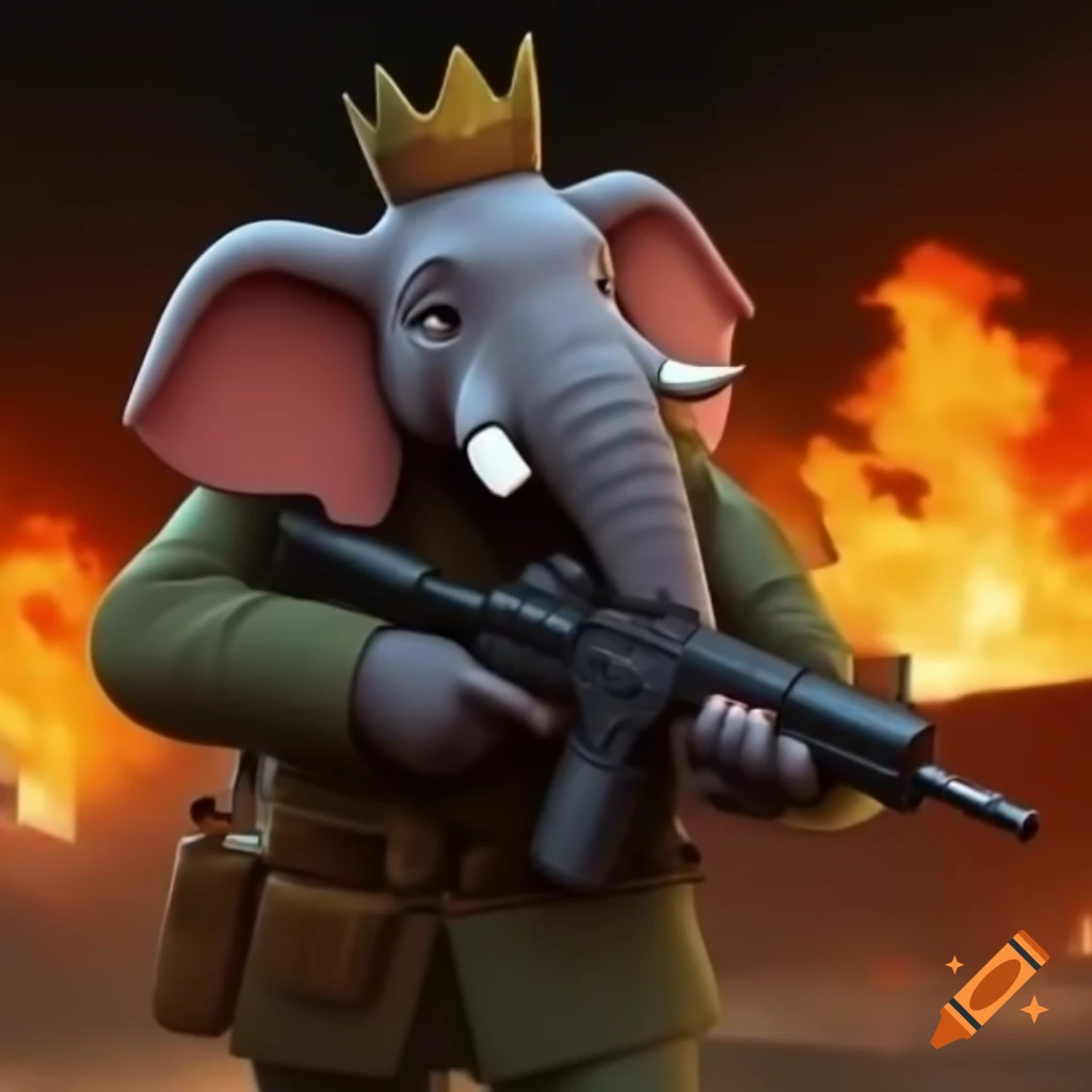 Cartoon king in military fatigues with gun in war-themed background on ...