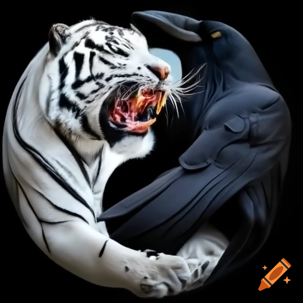 White tiger and black raven forming yin yang symbol on Craiyon
