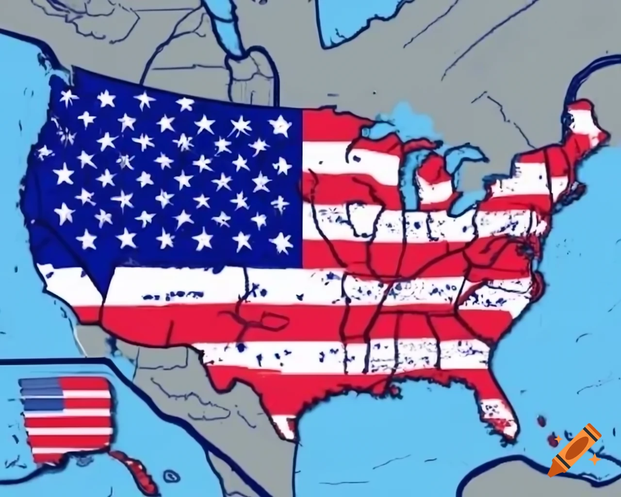 Bold map of the United States styled like the American flag on Craiyon