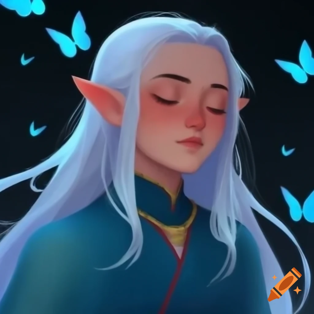 Elf priest in sheer blue robes with butterflies and a serene smile on ...
