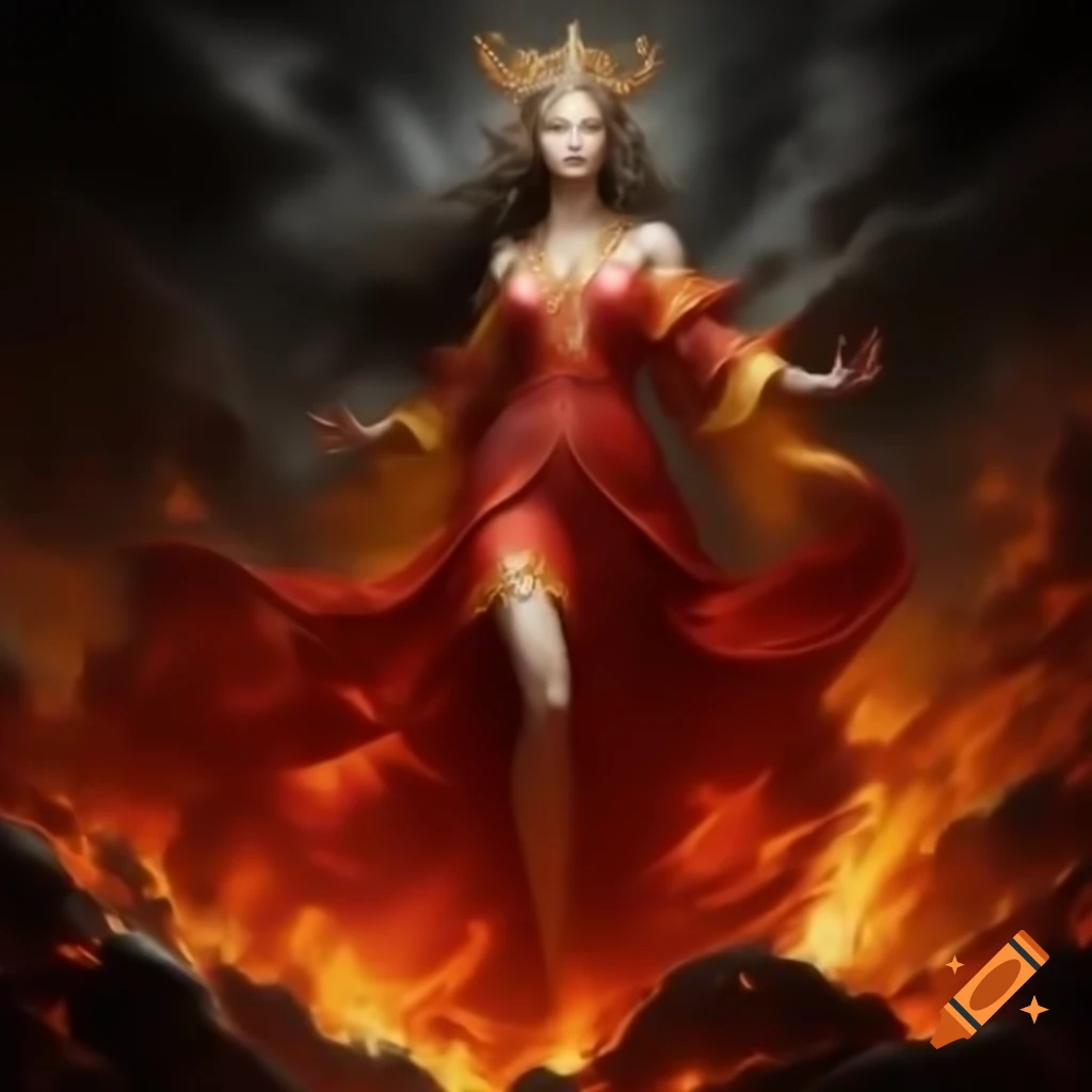 Digital painting of goddess of fire in flowing red gown with golden ...