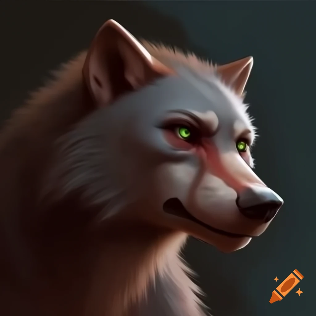 Close-up of female werewolf side view with light brown fur and green ...