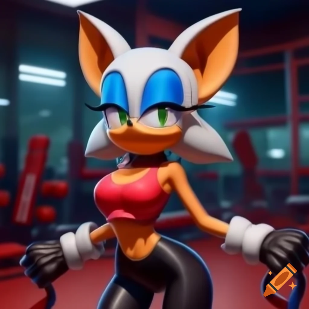 Rouge the Bat in gym attire working out, back view on Craiyon