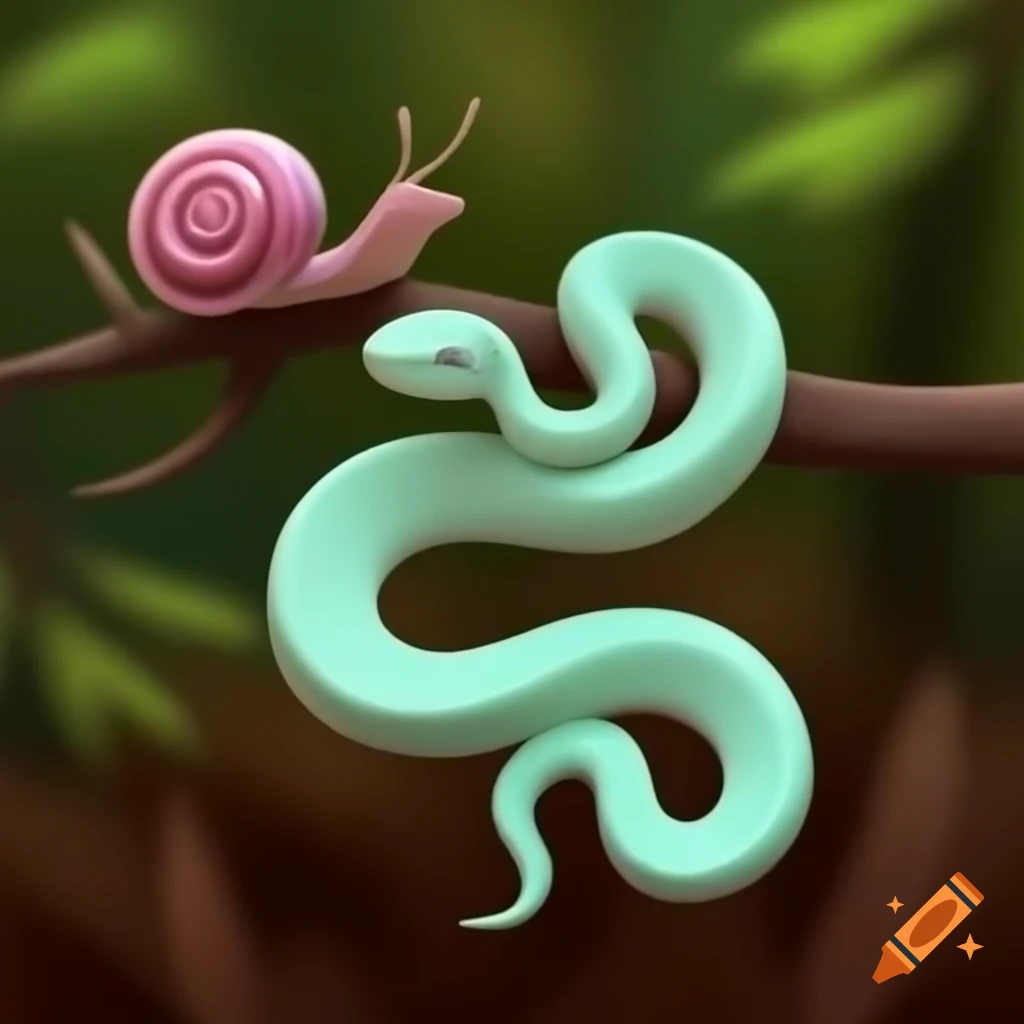 Mint green snake coiling around pink snail in a pine forest on Craiyon