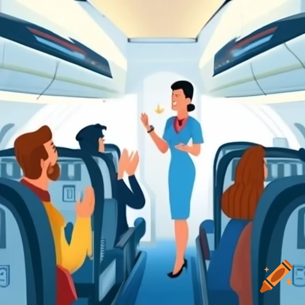 Flight attendants giving speech to passengers applauding and laughing ...