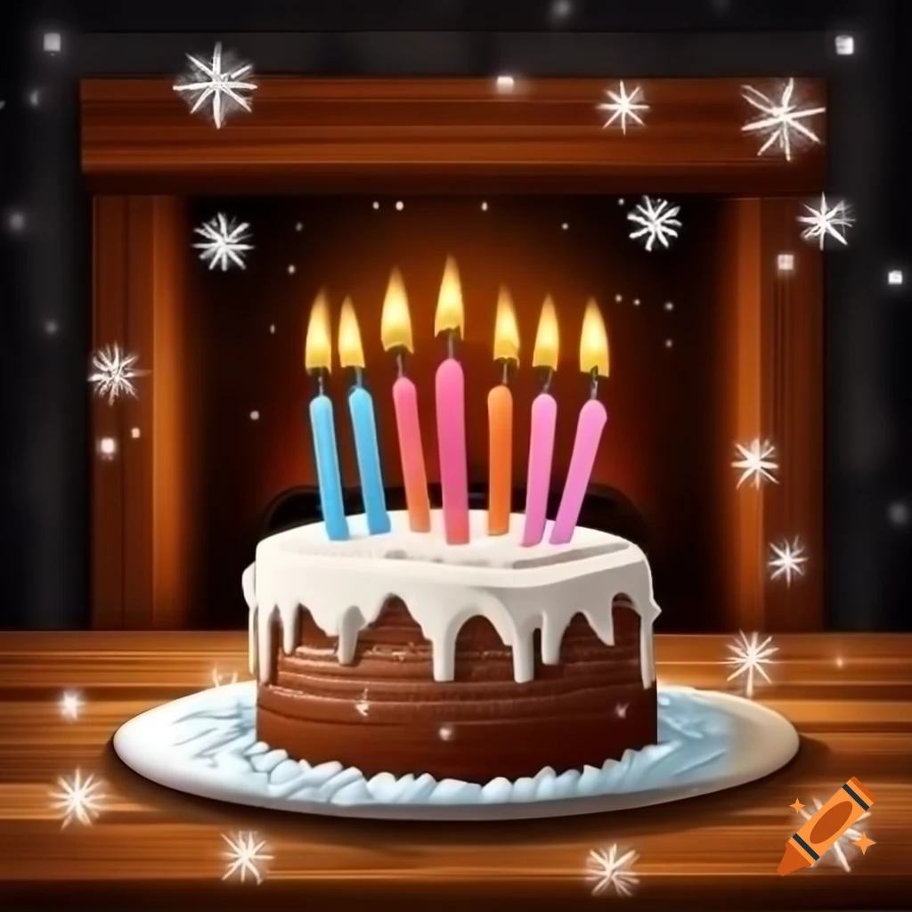 Cozy winter birthday scene with cake, snowflakes, and fireplace on Craiyon
