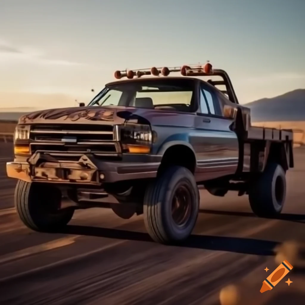 Apocalyptic 1997 Ford flatbed truck in a desolate landscape on Craiyon