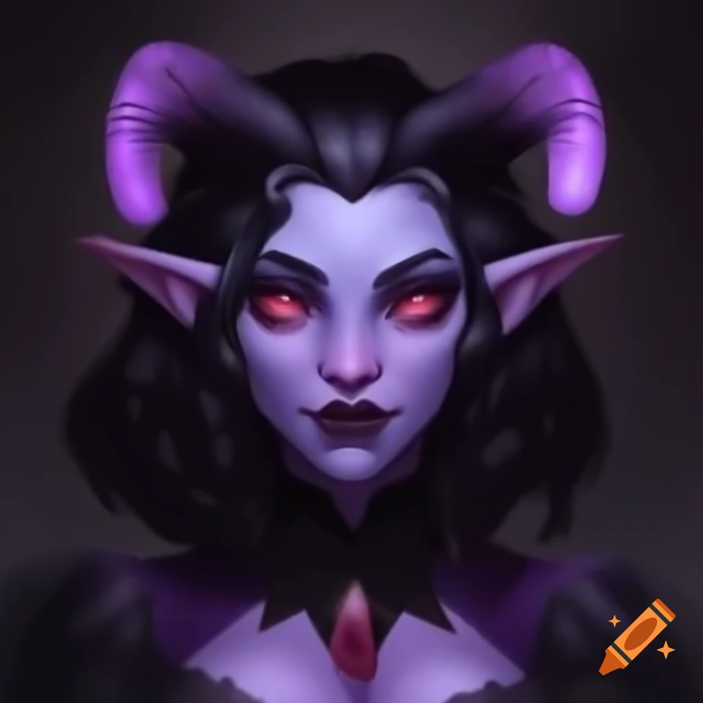 Tiefling woman with pale skin, purple hue, and bright red eyes on Craiyon