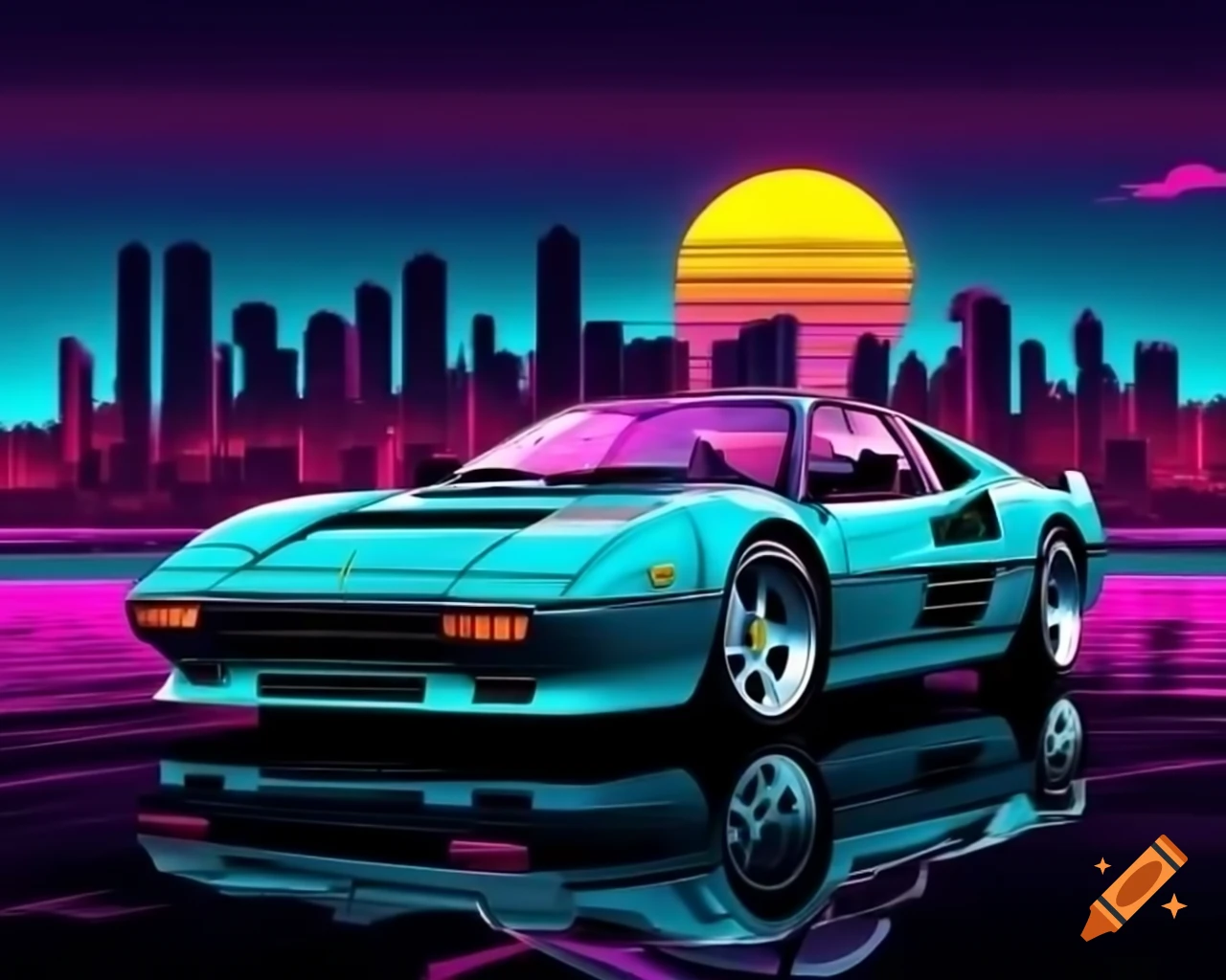 Vibrant cyan sunset over teal ferrari against neon city skyline on Craiyon