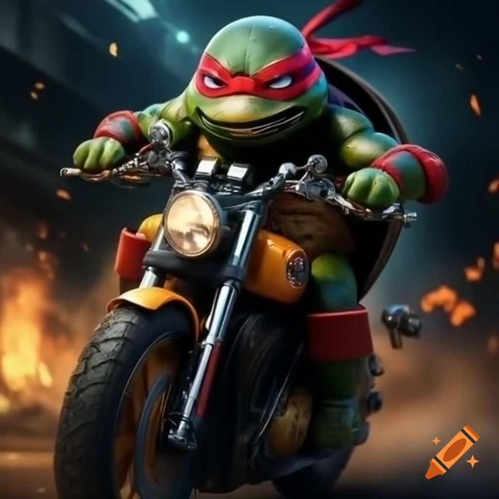 Red ninja turtle performing stunt on harley davidson motorcycle on Craiyon