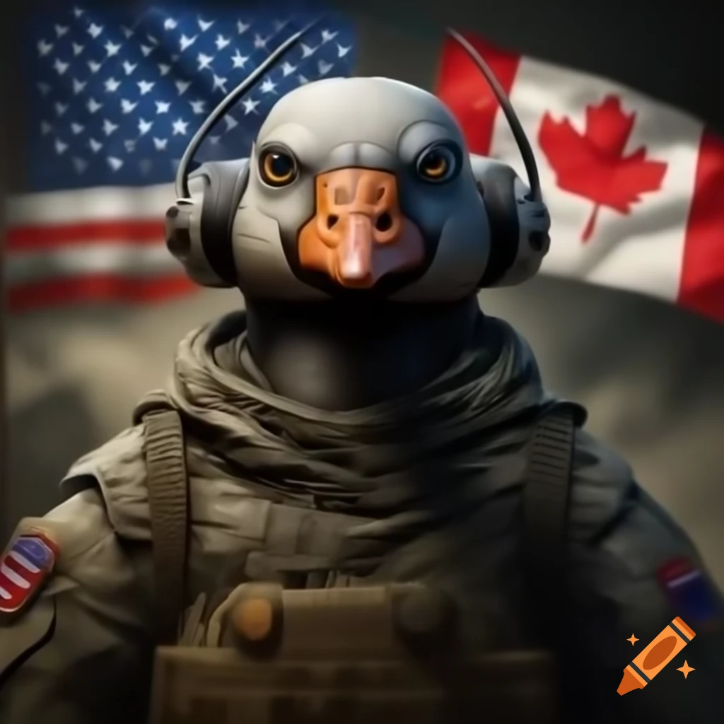 Patriotic war-time poster featuring a robotic Canada Goose with flag ...