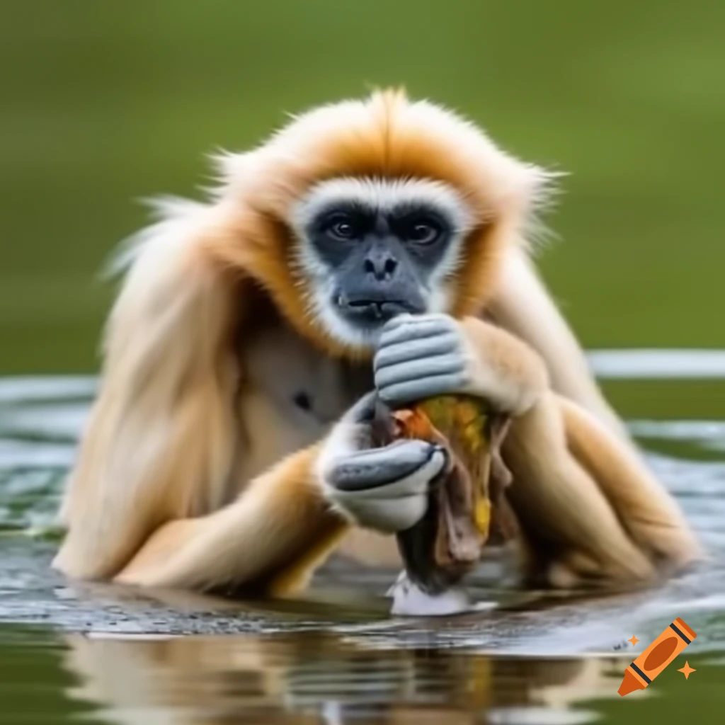 Gibbon catching fish from river with agile fingers on Craiyon