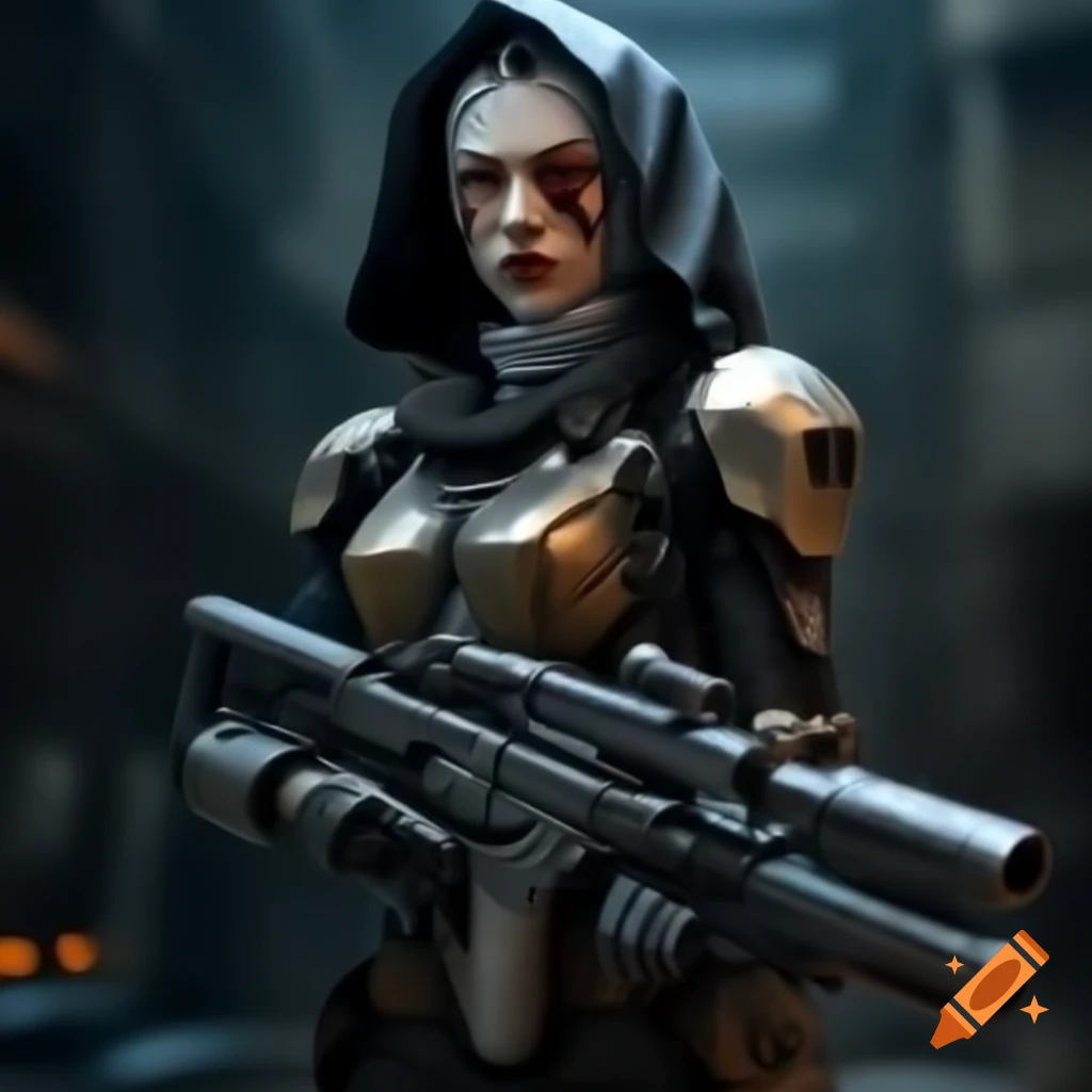 Cybernetically enhanced nun with futuristic weapon in dystopian setting ...
