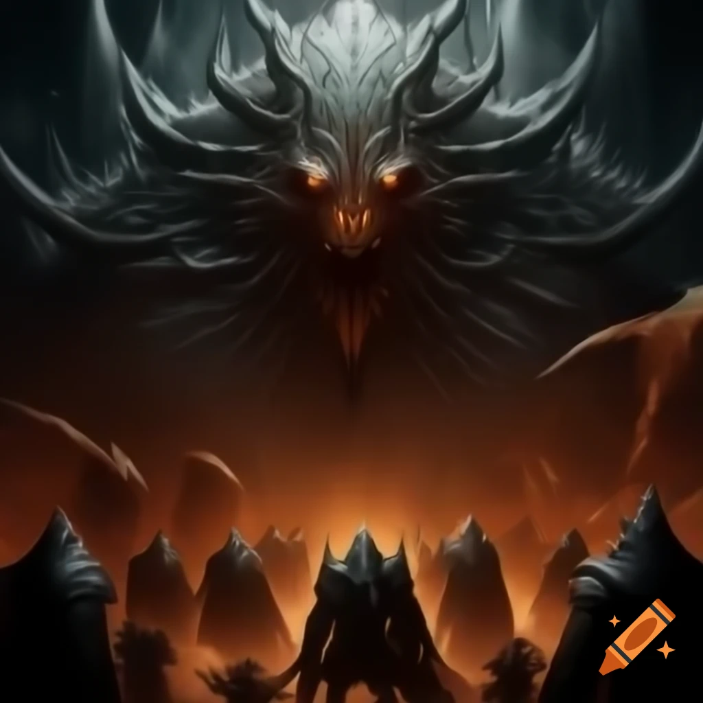 Knights clashing with a colossal demonic entity, showing dark and ...