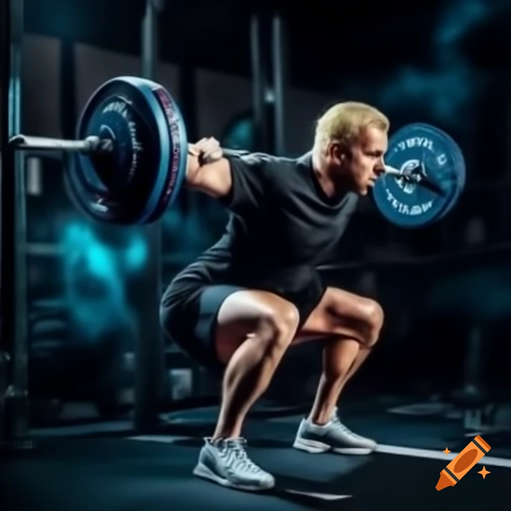 Colorful gym scene with man doing squat with barbell under dramatic ...
