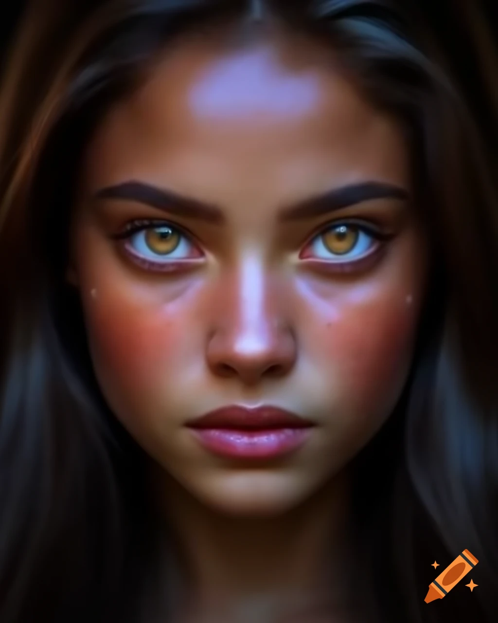 Portrait with luminous brown eyes and long brown hair in cinematic ...