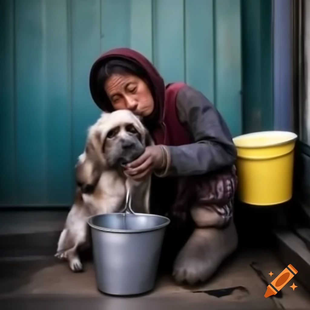 Homeless individual washing dirty dog with a bucket on Craiyon
