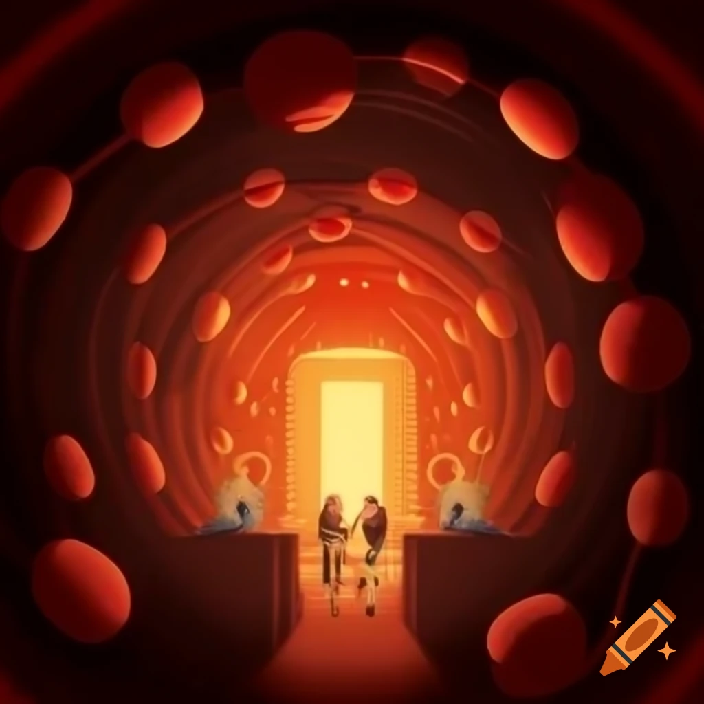 Surreal depiction of human body interior with flowing red blood cells ...