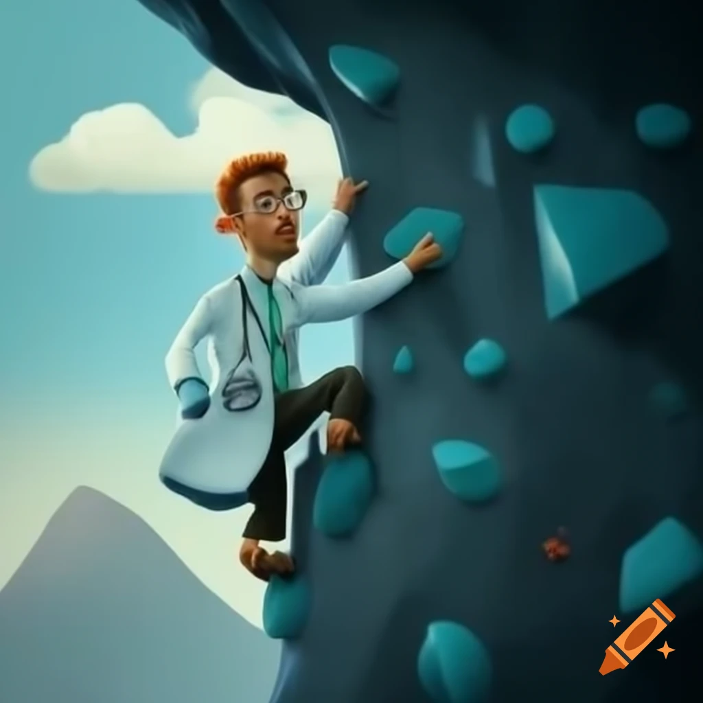 Doctor climbing a rocky terrain on Craiyon