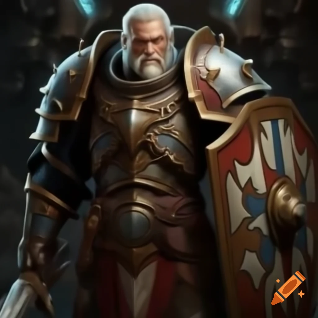 Paladin in white armor wielding giant shield and warhammer on Craiyon