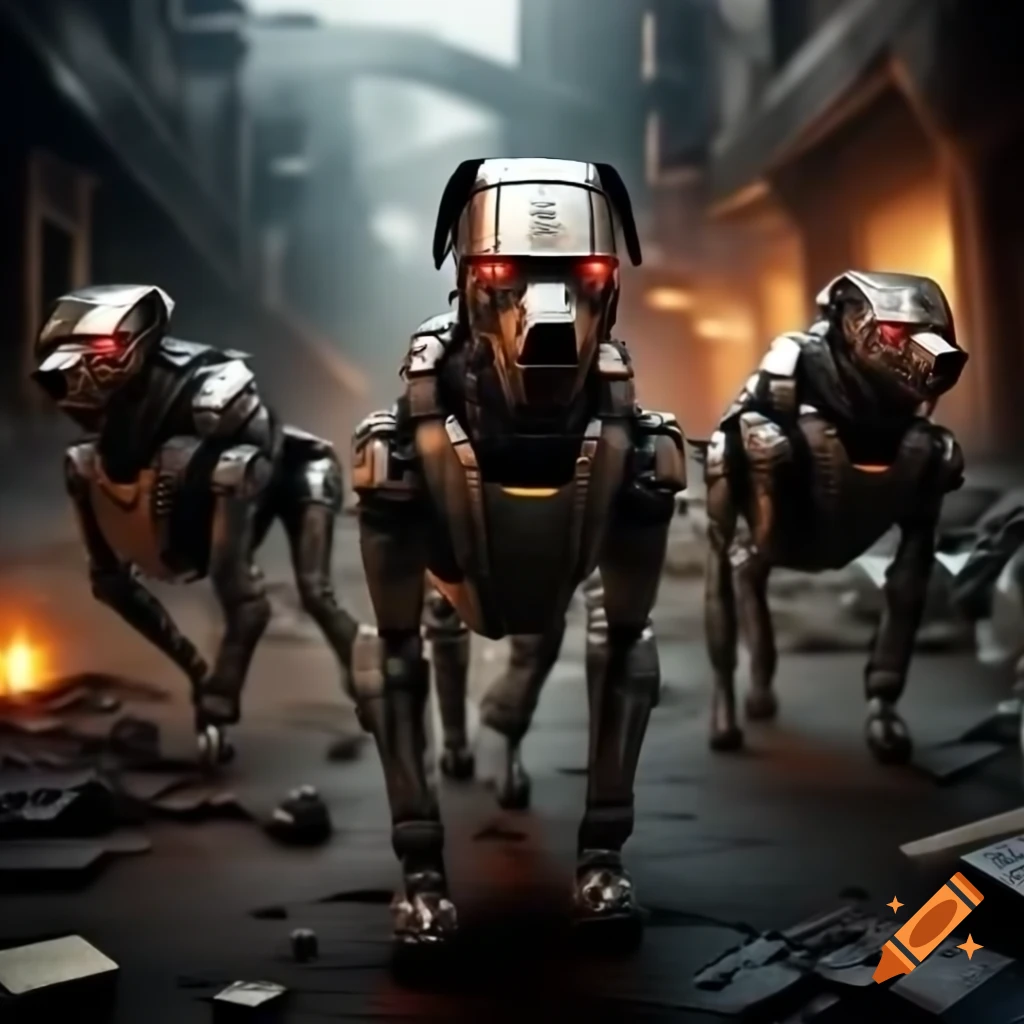 Group of cyber dogs in post-apocalyptic setting with glowing red eyes ...