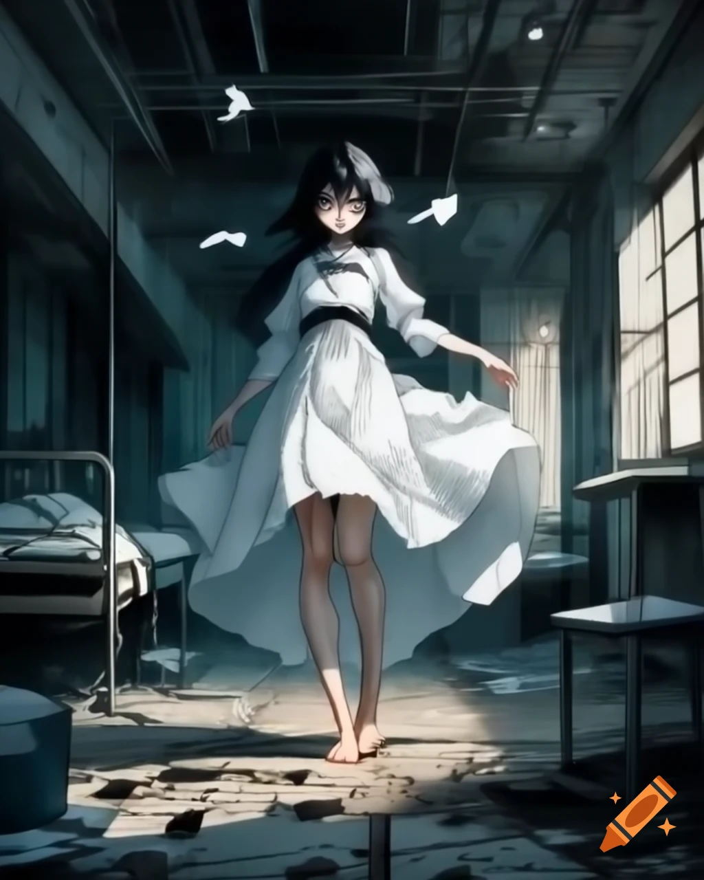 Anime ghost girl with black hair in white dress floating in abandoned ...
