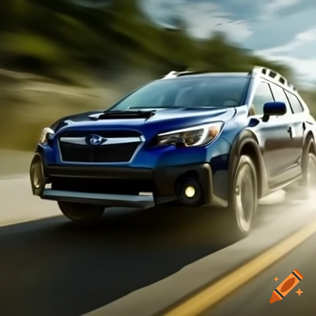 Sleek Subaru Outback speeding down open road, dynamic design on Craiyon