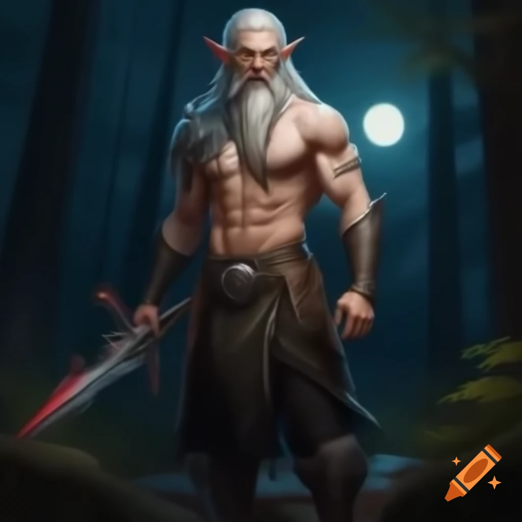 Muscular white-pale elf in black leather armor wielding silver claymore ...