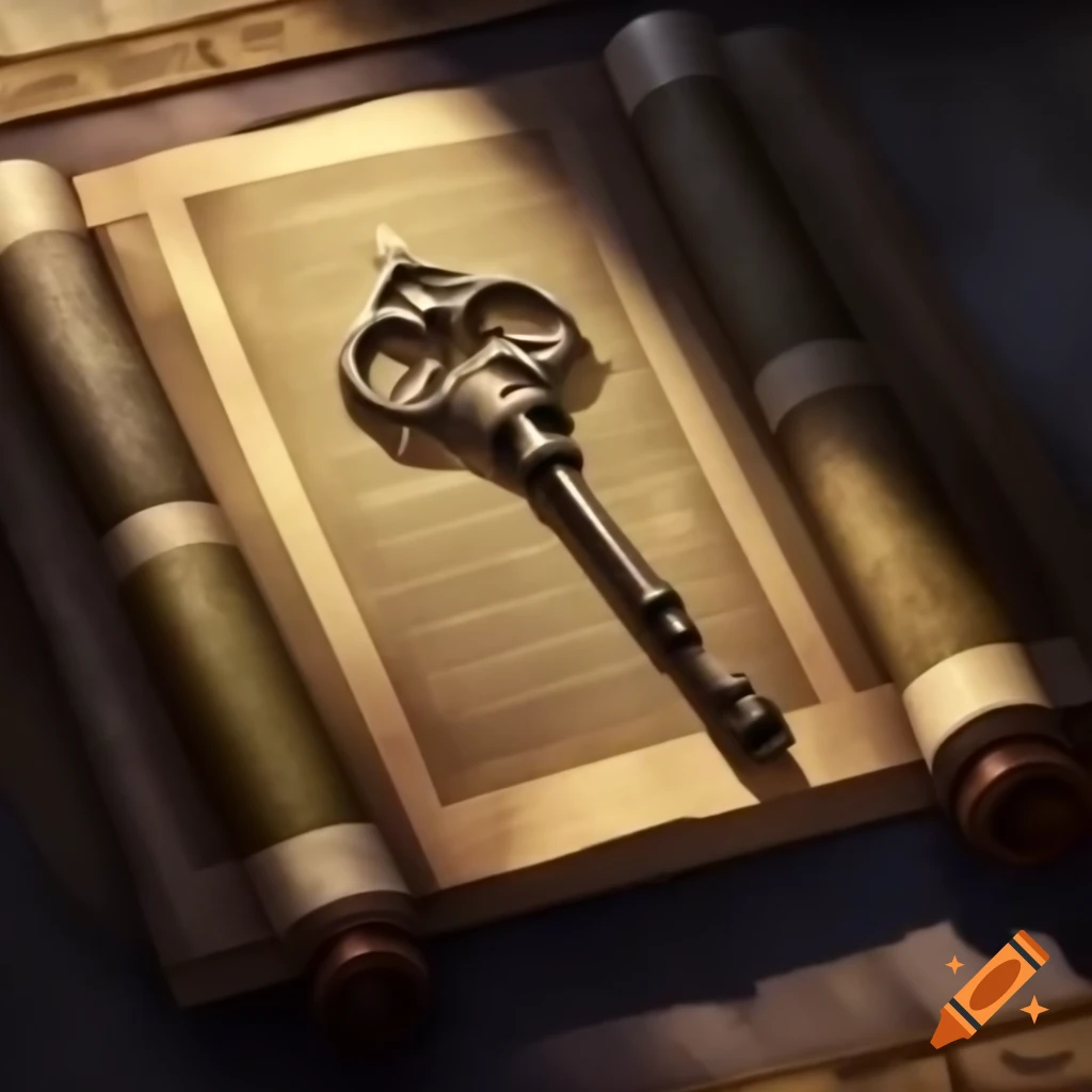 Antique key from Lenormand deck on ornate parchment with intricate ...