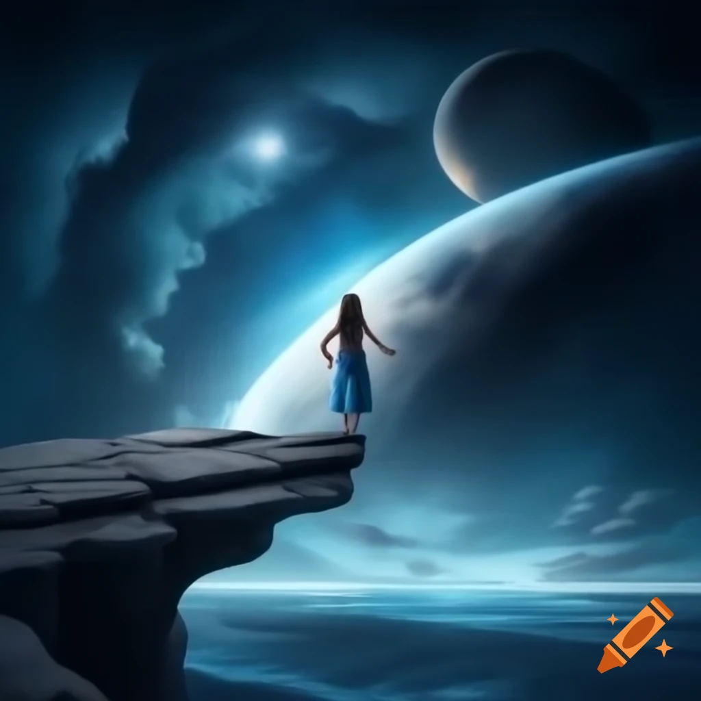 Sad woman at cliff edge reaching for planet Venus, starry sky and ocean ...