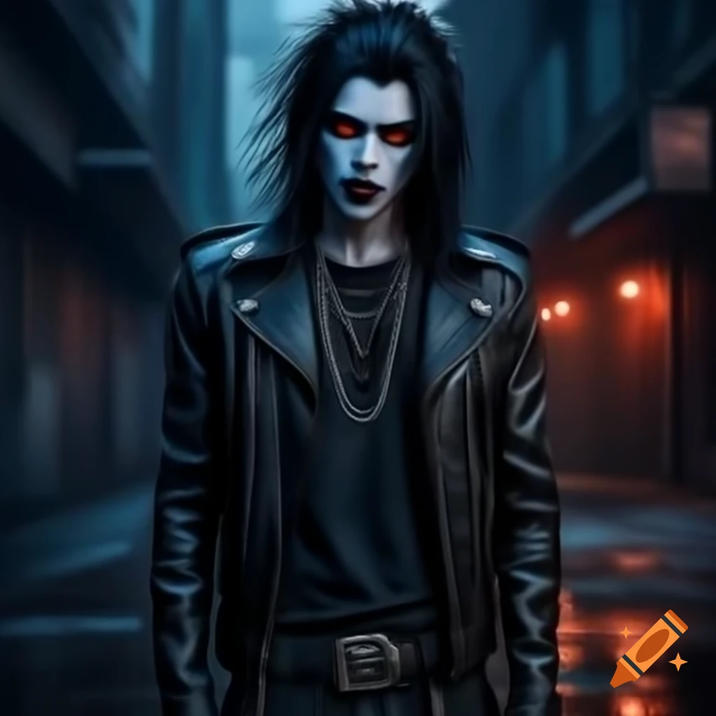 Pale male vampire with dark emo aesthetic and glowing red eyes on Craiyon