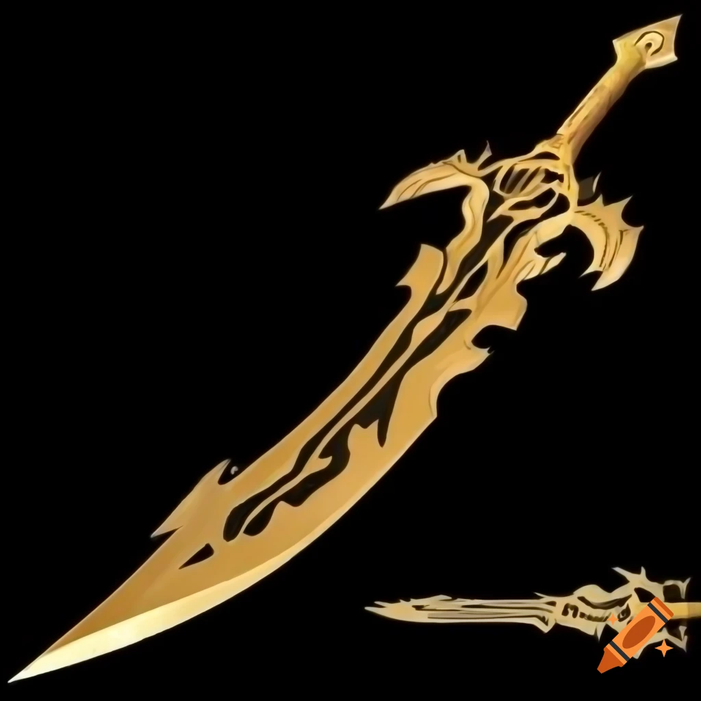 Giant golden sand sword with curved design and fire effects on black ...