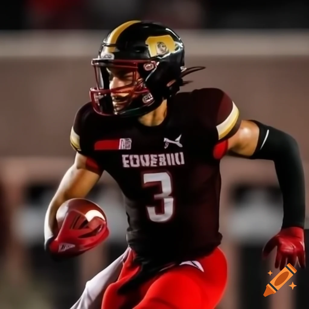 Justin Fields in dark red and gold jersey #2 playing football on Craiyon