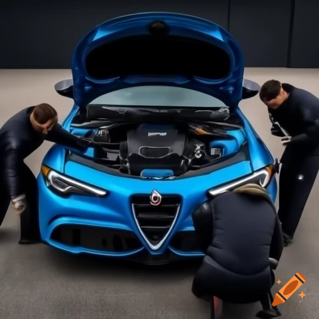 Blue alfa romeo with hood open and mechanic working on engine on Craiyon