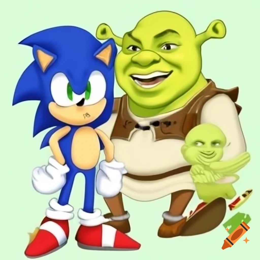 Sonic and Shrek celebrating in vibrant cartoon style on Craiyon