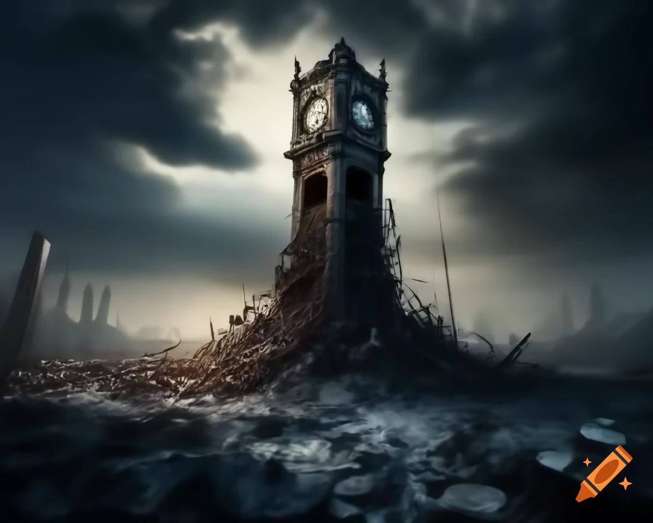 Decaying clock tower in post-apocalyptic city with rusted hands and ...