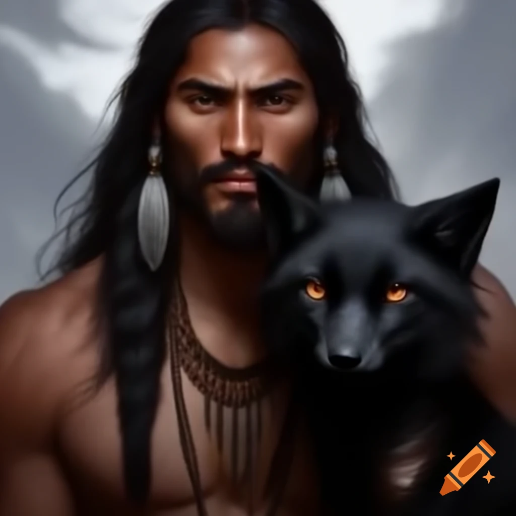 Native man with dark hair and beard alongside a black fox on Craiyon