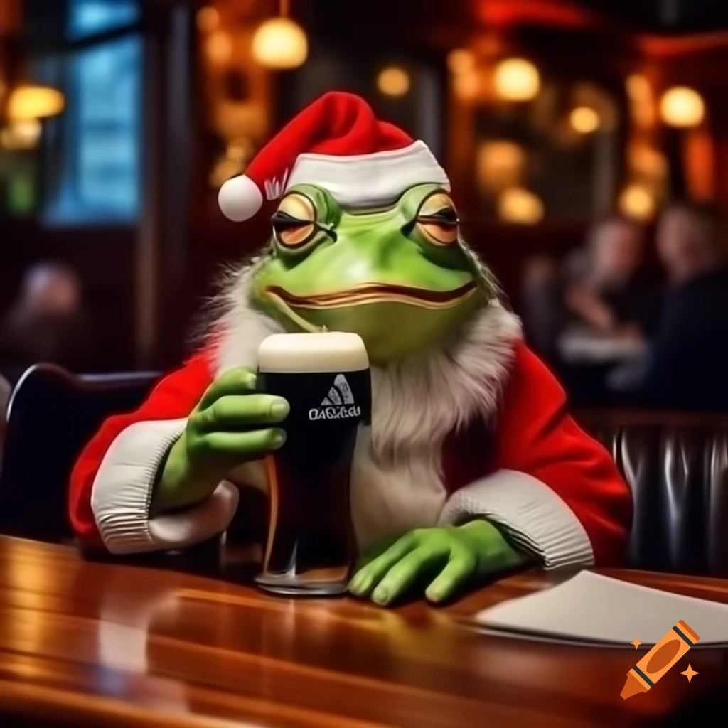 Santa Claus as a frog sitting at a table in an Irish pub with a pint of ...