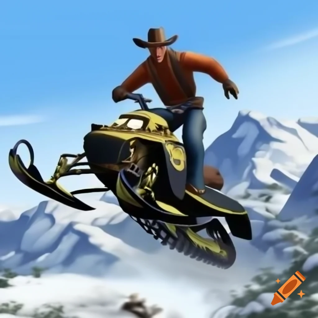Cowboy performing stunt on snowmobile in snowy mountain peaks on Craiyon