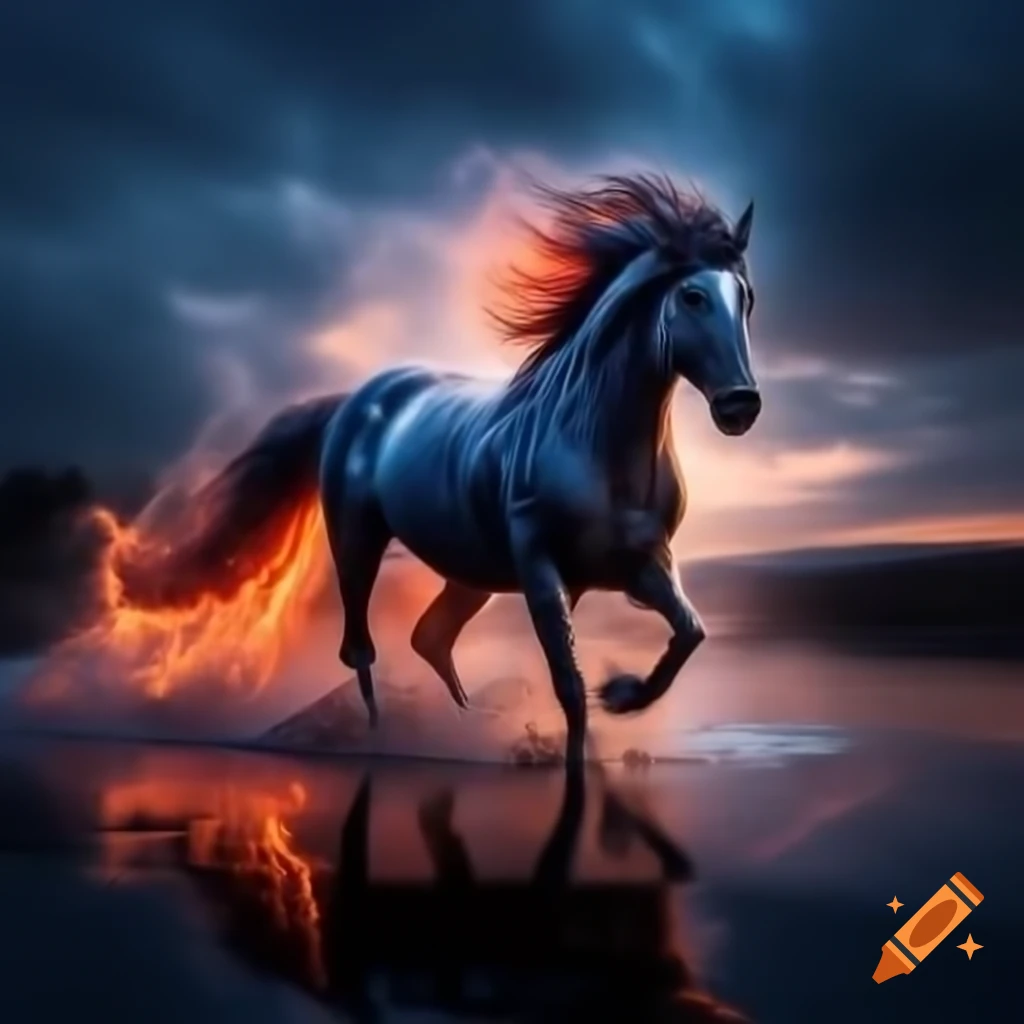 Fiery steed with flaming mane crossing tranquil lake at dusk on Craiyon