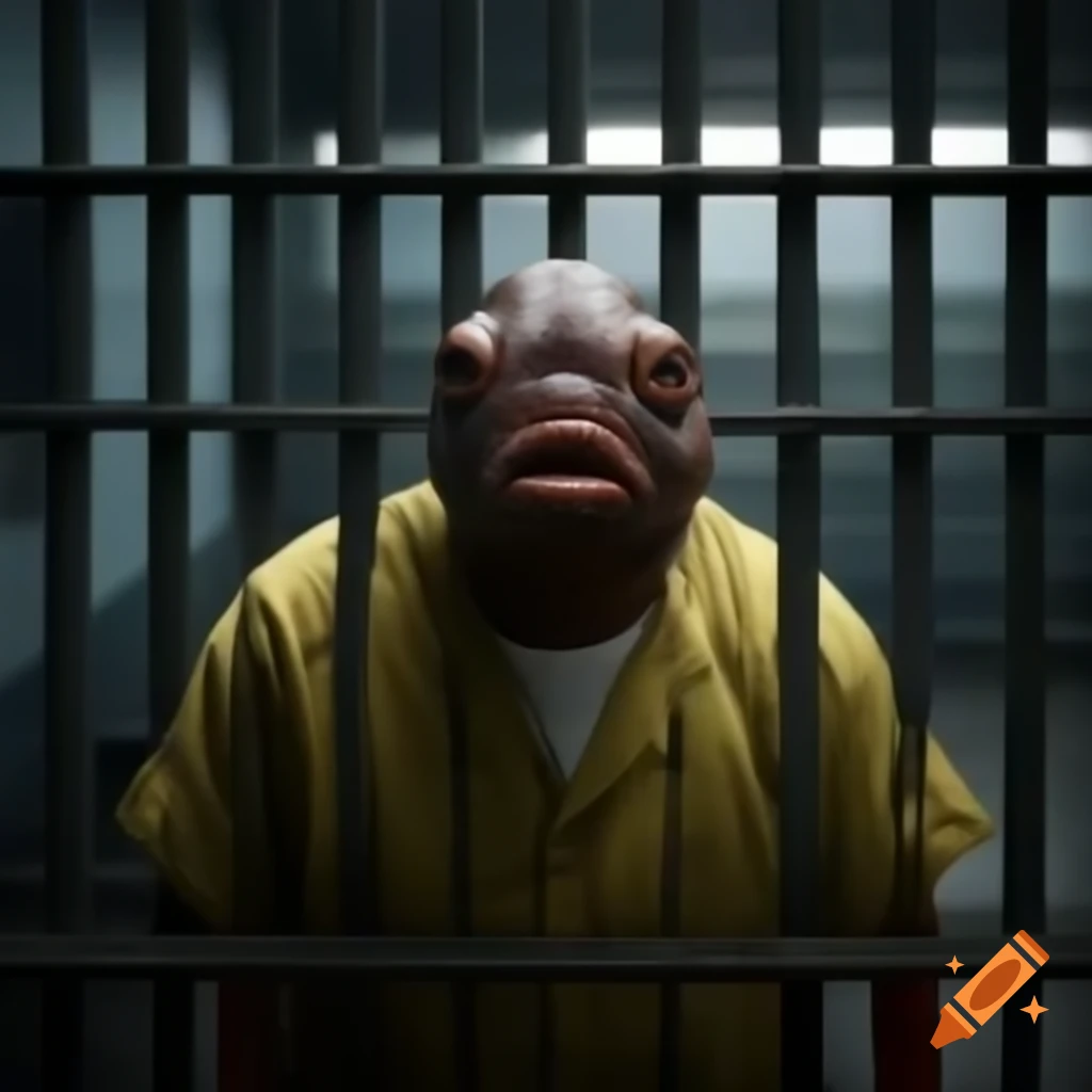 Unique character design of a fish humanoid in a prison setting on Craiyon