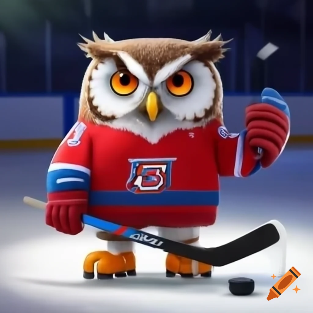 Brown owl in red ice hockey jersey and skates, holding hockey stick on ...