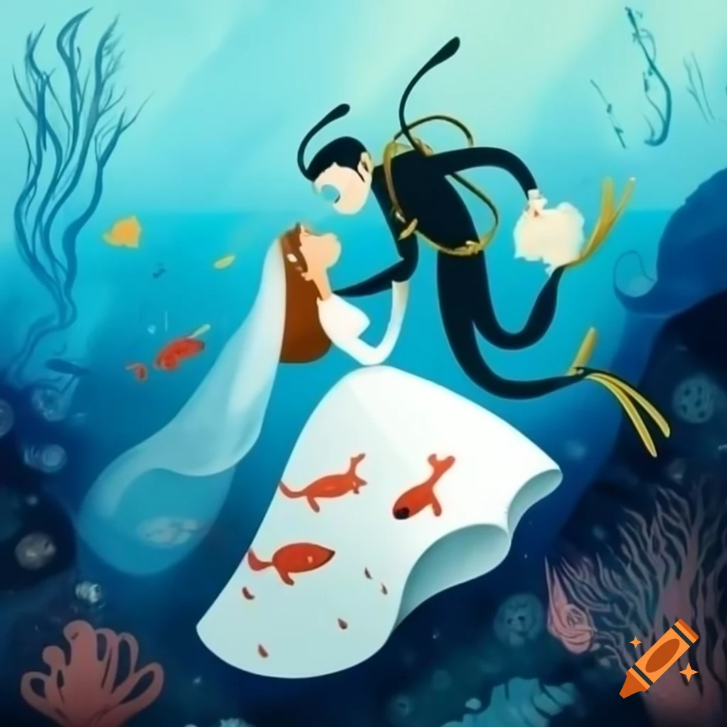 Whimsical scuba diving themed wedding invitation titled 'Dive into the ...