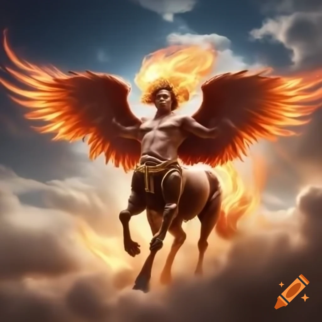 Phoenix-centaur soaring with fiery wings against clear cerulean sky on ...
