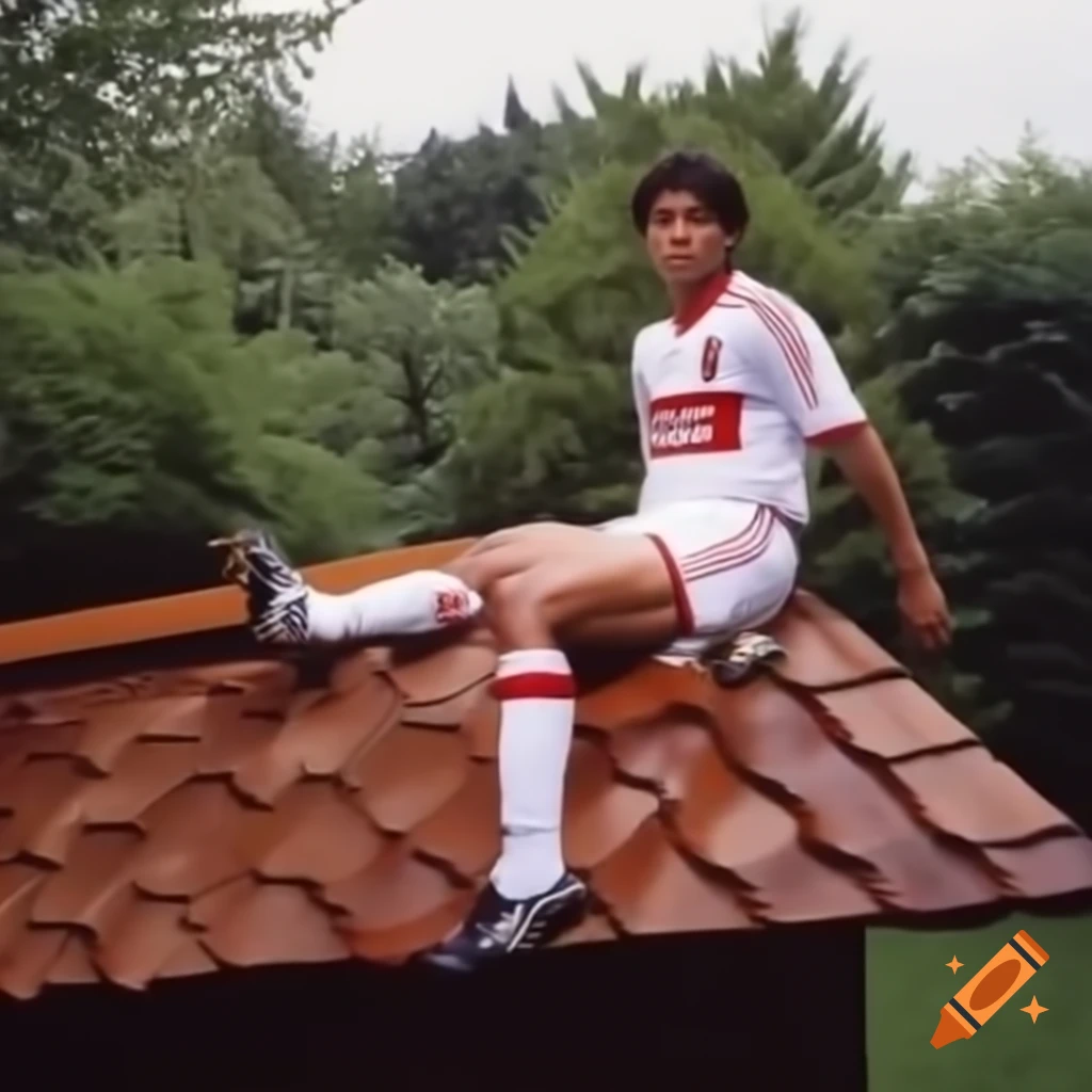 Ruud Gullit on garden shed roof wearing 1994 AC Milan soccer kit on Craiyon